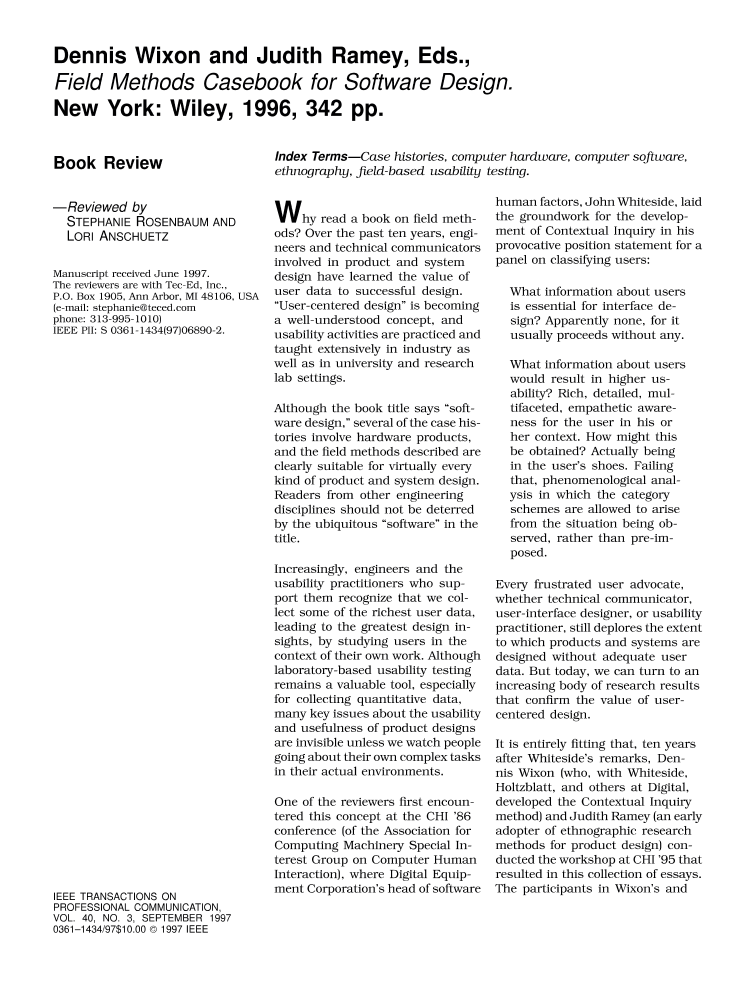 Dennis Wixon And Judith Ramey, Eds., Field Methods Casebook For ...