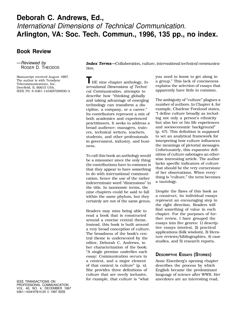 Deborah C. Andrews, Ed., International Dimensions Of Technical Communication. Arlington, Va: Soc ...