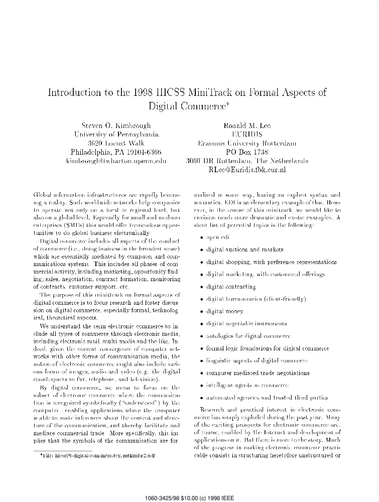 Introduction To The 1998 HICSS Minitrack On Formal Aspects Of Digital Commerce | IEEE Conference ...