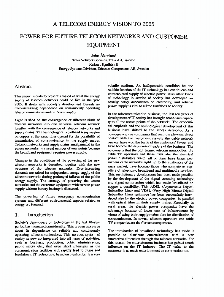 A Telecom Energy Vision To 2005 Power For Future Telecom Networiks And ...
