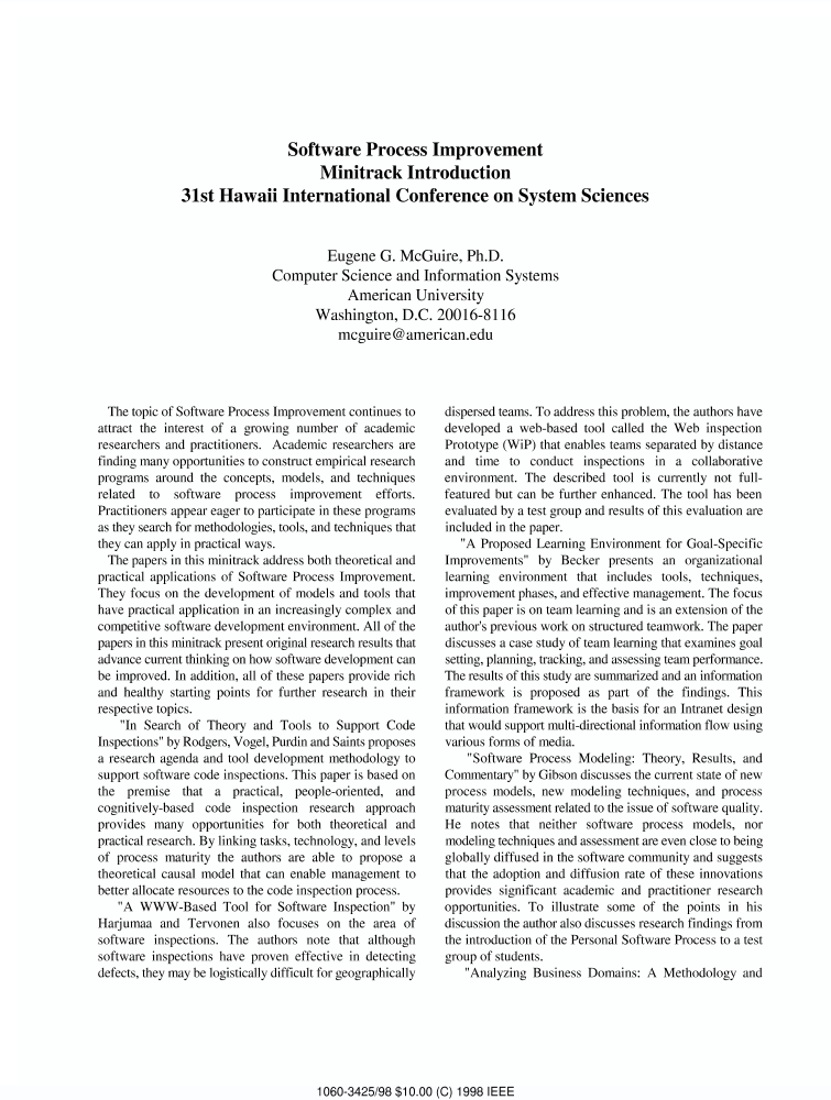 Software Process Improvement Minitrack Introduction | IEEE Conference Publication | IEEE Xplore