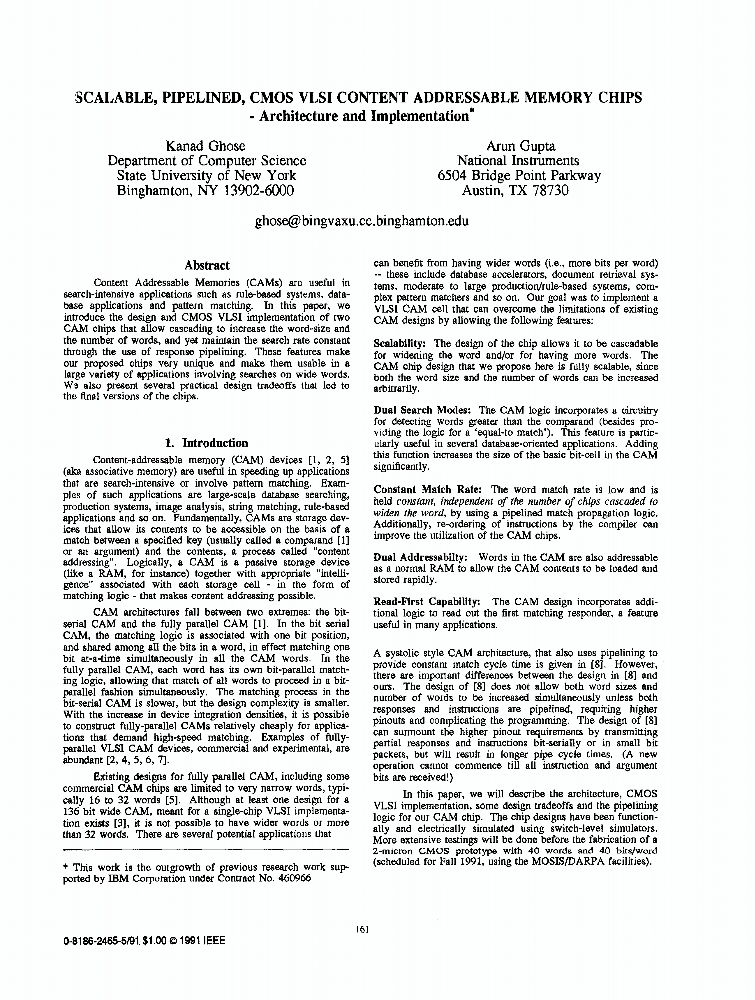 Scalable, Pipelined, Cmos VLSI Content Addressable Memory Chips - Architecture And ...