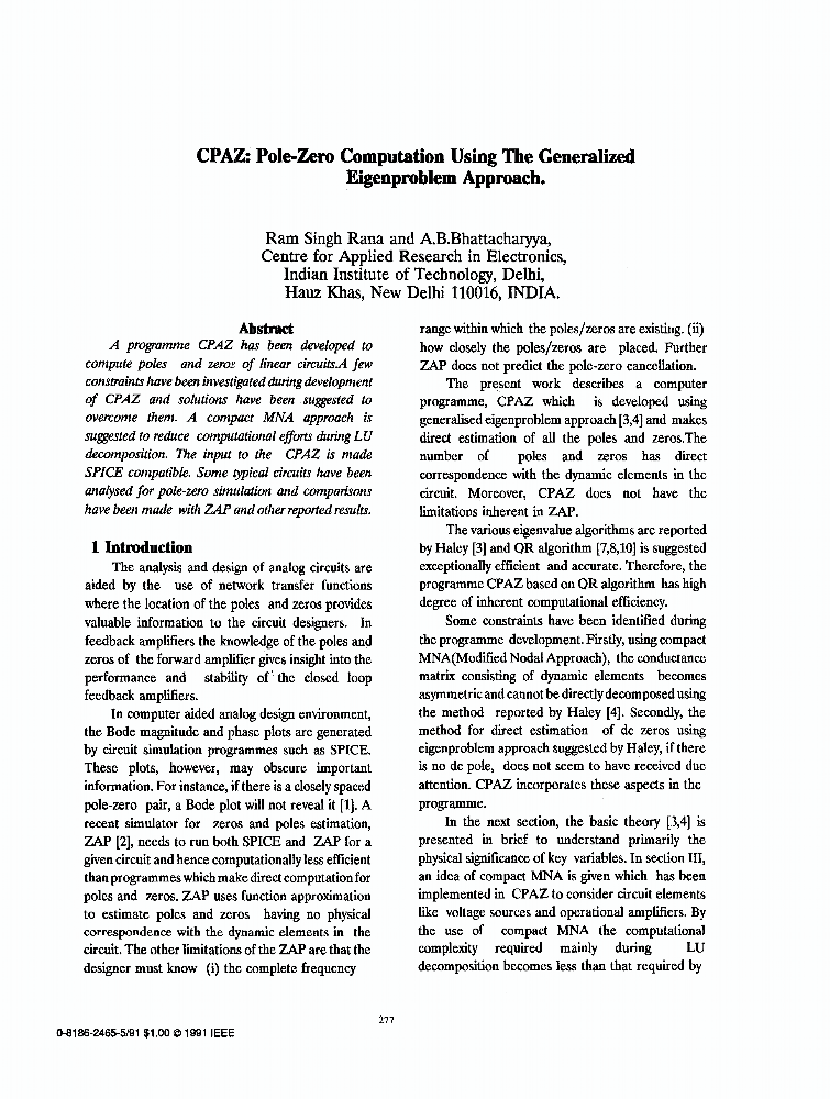 Cpm Pole Zero Computation Using The Generalized Eigenproblem Approach Ieee Conference