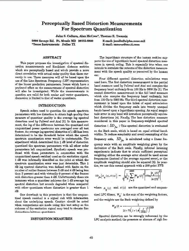 Perceptually Based Distortion Measurements For Spectrum Quantization ...