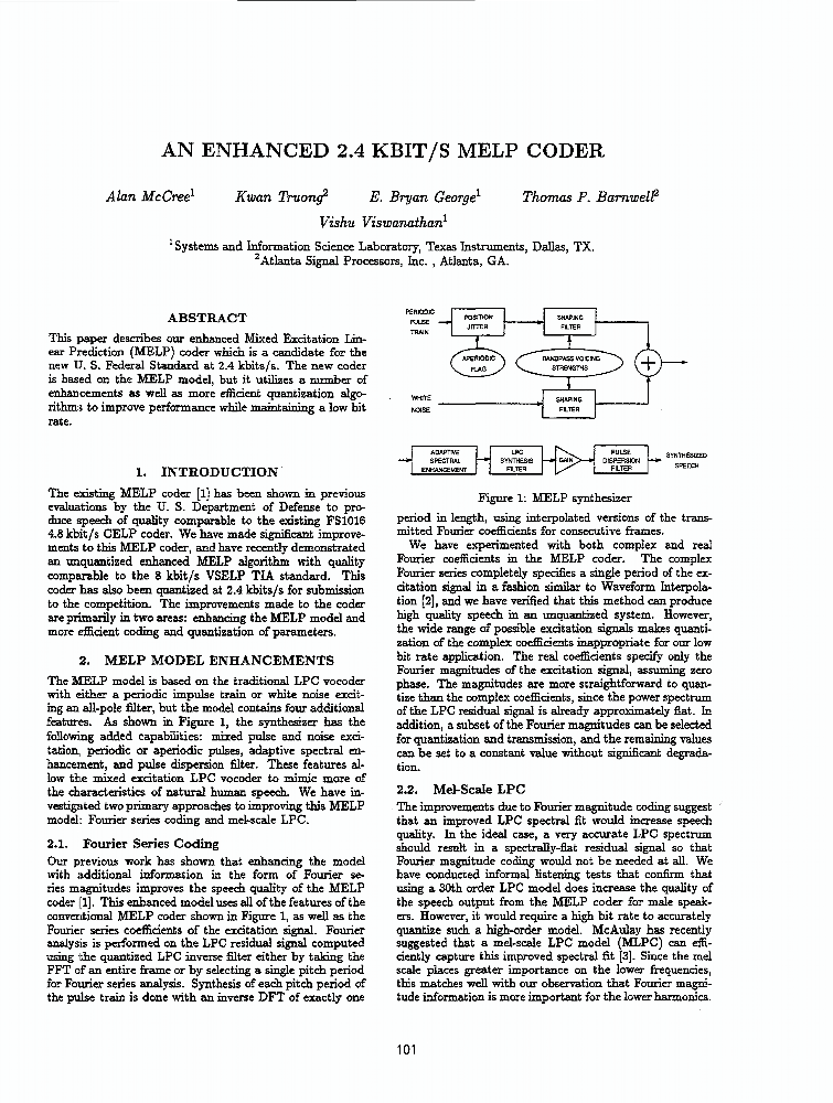 An Enhanced 2.4 Kbit/s Melp Coder | IEEE Conference Publication | IEEE Xplore