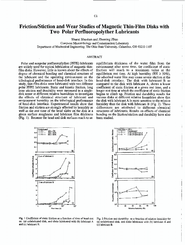 Friction/Stiction And Wear Studies Of Magnetic Thin-film Disks With Two ...