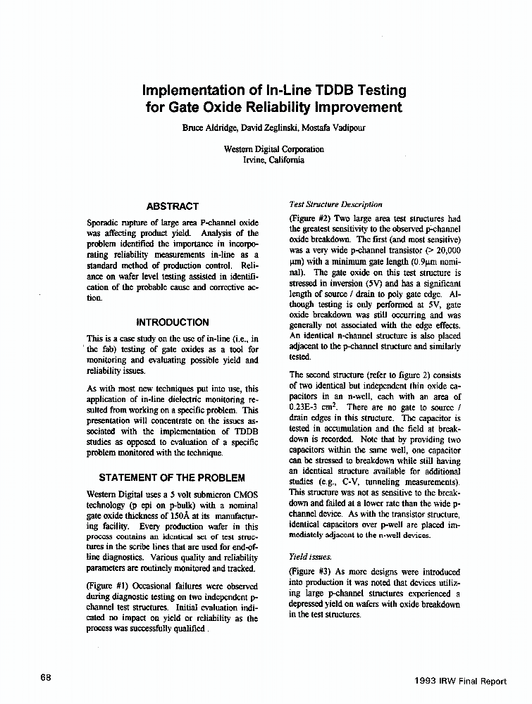Implementation of In-Line TDDB Testing for Gate Oxide Reliability ...