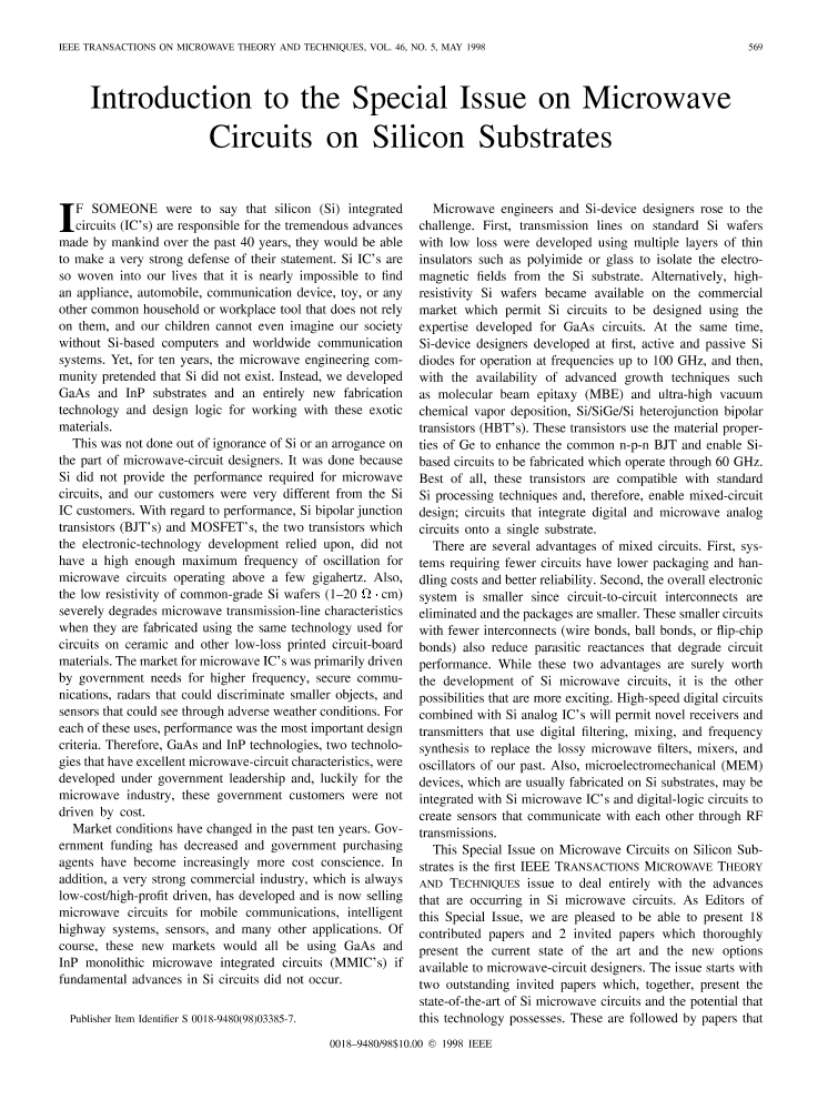 Introduction To The Special Issue On Microwave Circuits On Silicon Substrates Ieee Journals