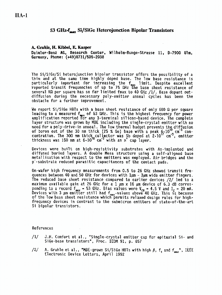 53 GHz-f/sub max/ Si/SiGe Heterojunction Bipolar Transistors | IEEE ...