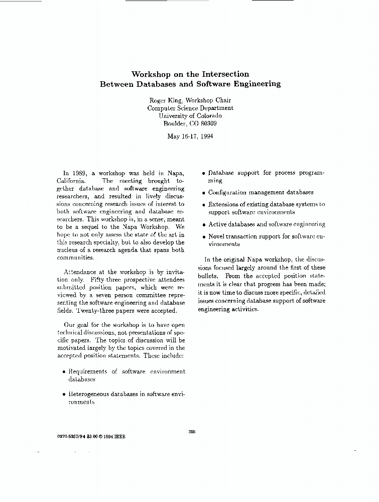 Workshop On The Intersection Between Databases And Software Engineeering Ieee Conference