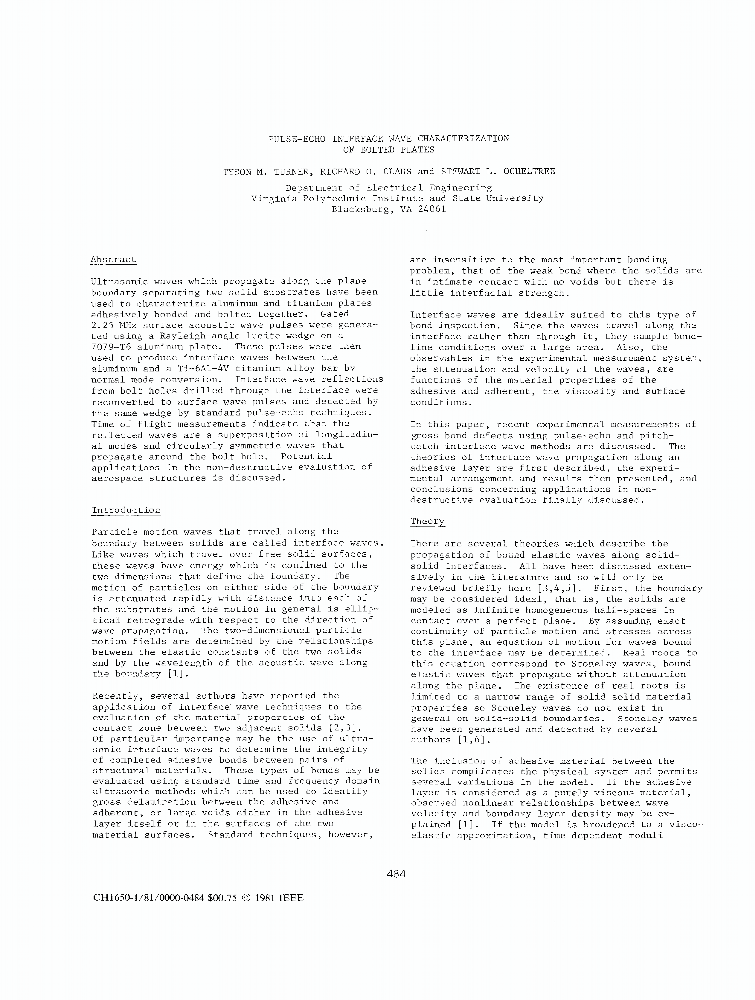 Pulse-echo Interface Wave Cuaracterization Of Bolted Plates | IEEE ...