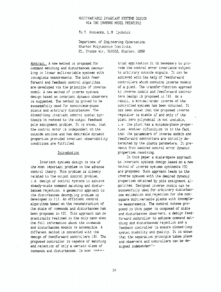 Multivariable Invariant Systems Design Via The Inverse Model Principle Ieee Conference