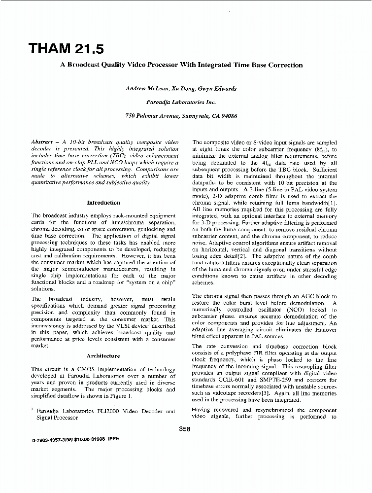 A Broadcast Quality Video Processor With Integrated Time Base ...