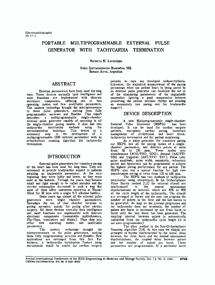 Portable Multiprogrammable External Pulse Generator With Tachycardia Termination Ieee