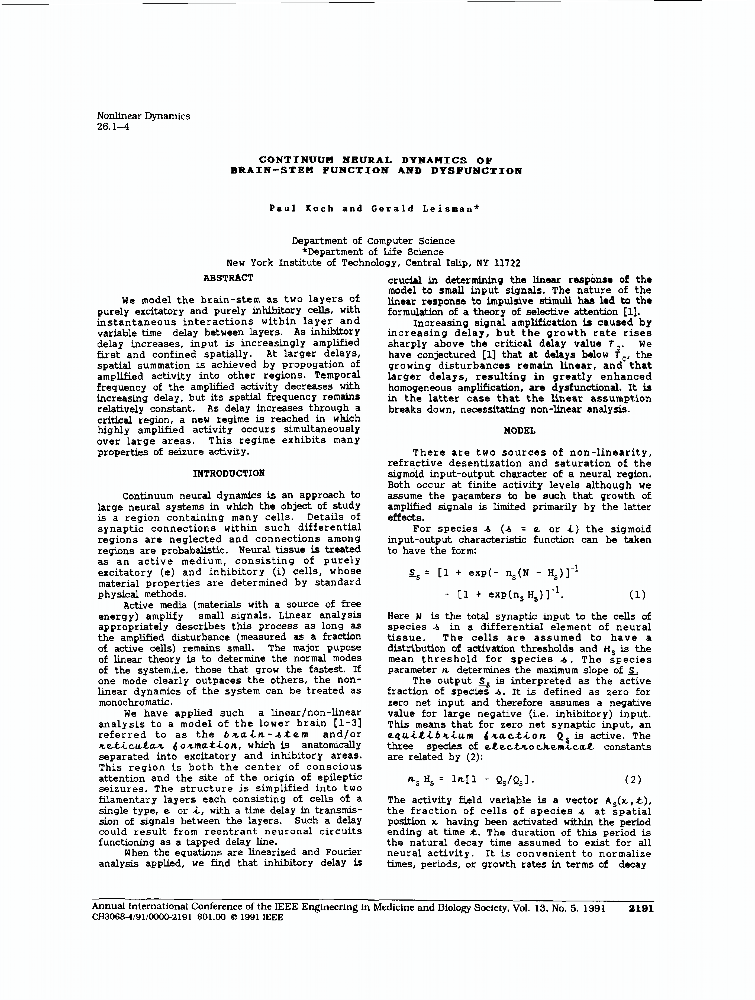 Continuum Neural Dynamics Of Brain-stem Function And Dysfunction | IEEE ...