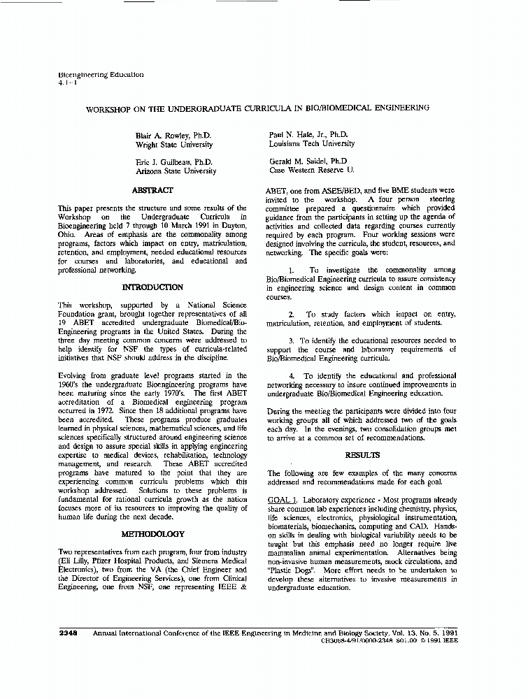 Workshop On The Undergraduate Curricula In Bio/biomedical Engineering ...