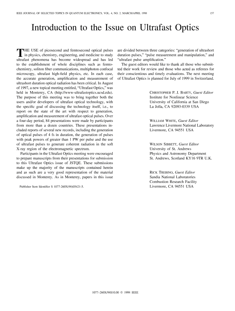 Introduction To The Issue On Ultrafast Optics | IEEE Journals ...