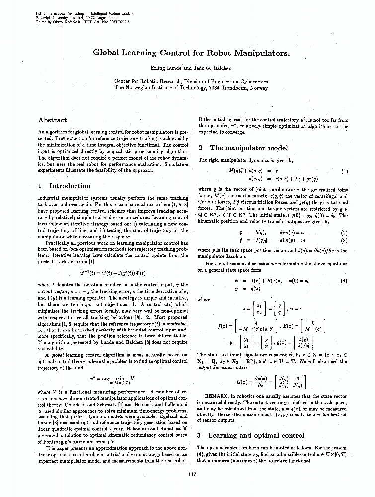 Global Learning Control For Robot Manipulators Ieee Conference Publication Ieee Xplore