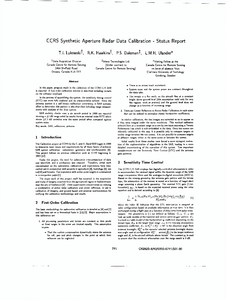 CCRS Synthetic Aperture Radar Data Calibration - Status Report | IEEE ...