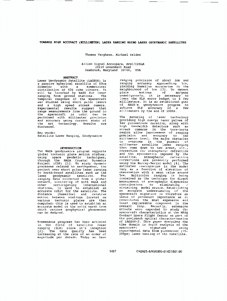 Towards High Accuracy (millimeter) Laser Ranging Using Laser Geodynamic ...