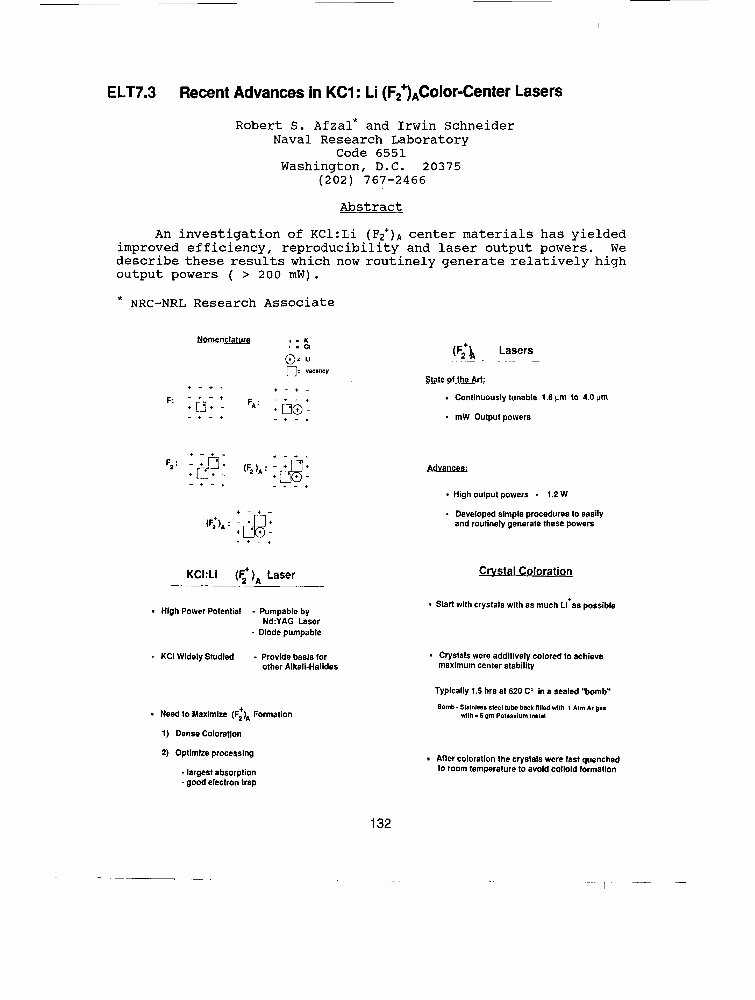 Recent Advances In KC1: Li (F/sub 2//sup +/')/sub A/color-center Lasers ...