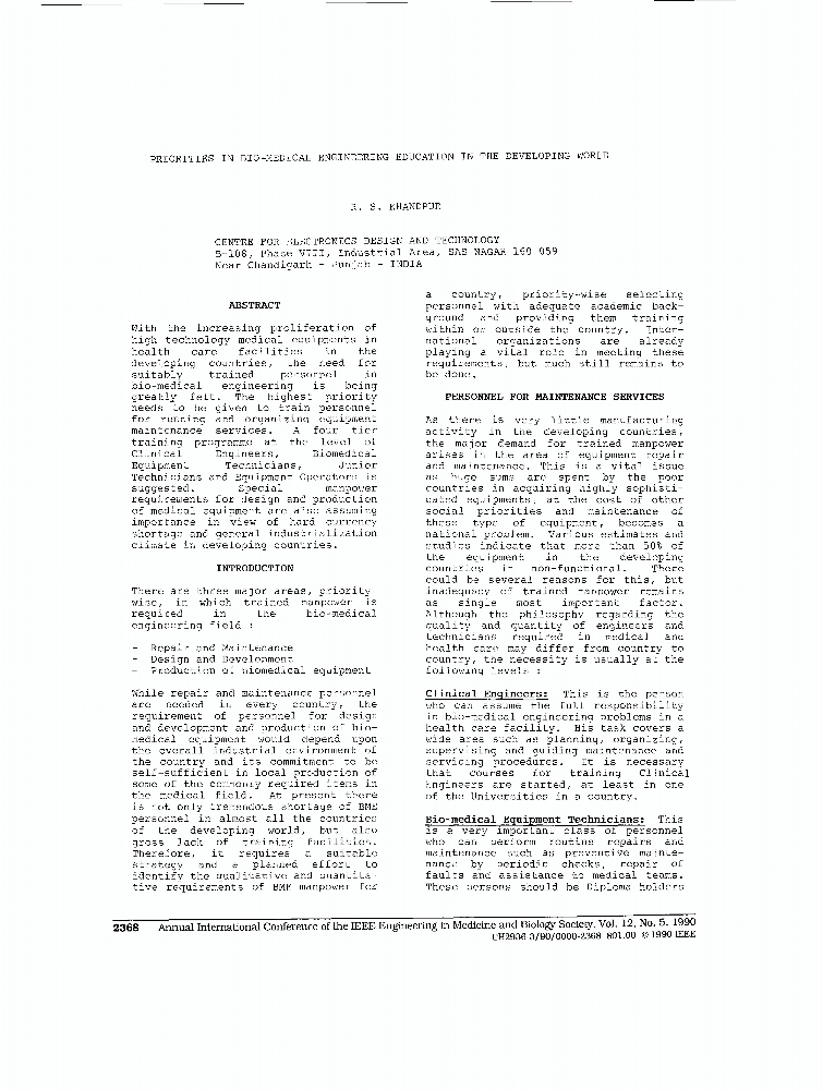 Priorities In Bio-medical Engineering Education In The Developing World ...