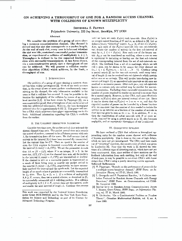 On Achieving A Throughput Of One For A Random Access Channel With Collisions Of Known ...