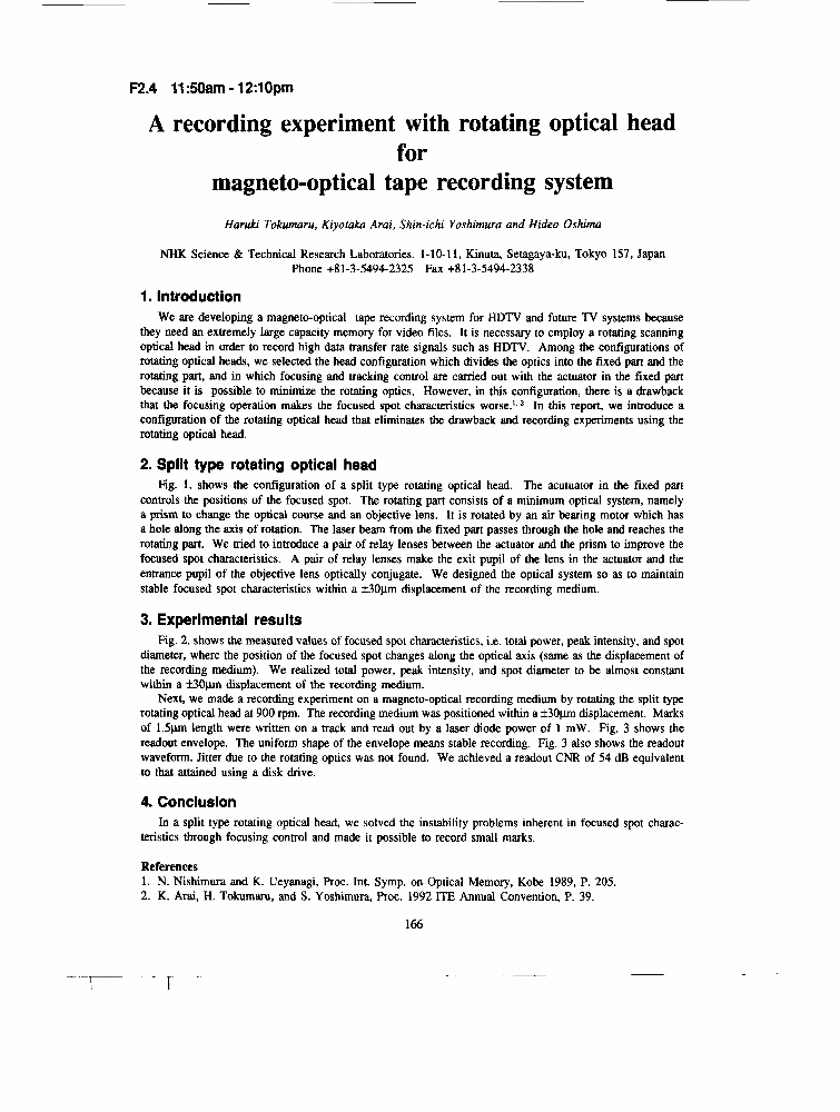 A Recording Experiment With Rotating Optical Head For Magneto-optical ...