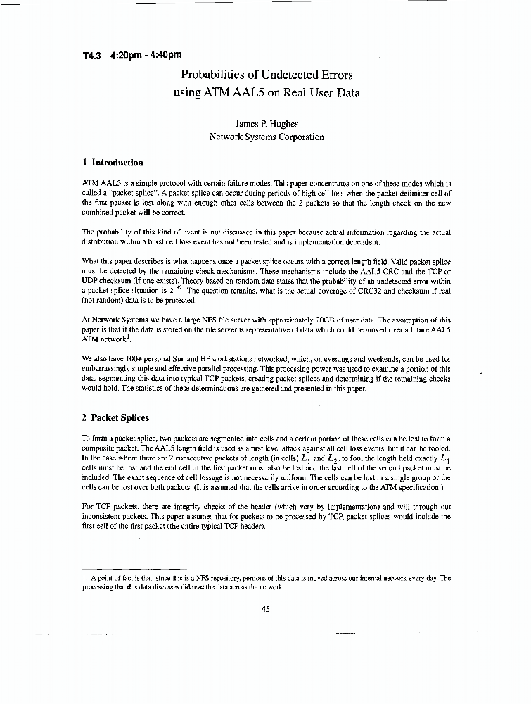 Probabilities Of Undetected Errors Using ATM AAL5 On Real User Data ...