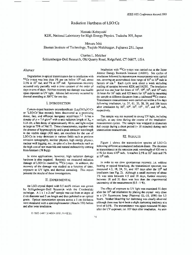 Radiation Hardness Of LSO:CE | IEEE Conference Publication | IEEE Xplore