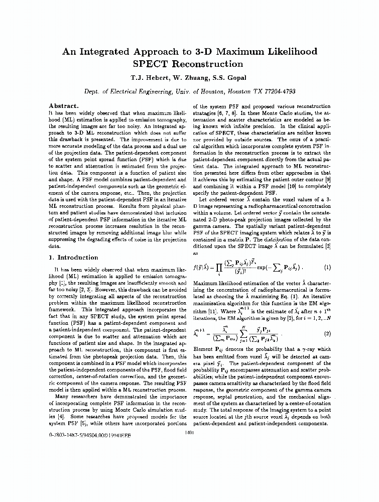 An Integrated Approach To 3-D Maximum Likelihood SPECT Reconstruction | IEEE Conference ...