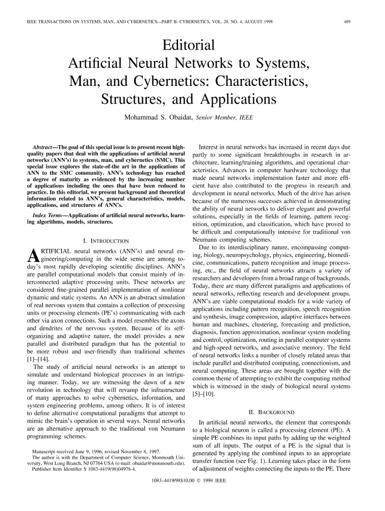 Editorial Artificial Neural Networks To Systems, Man, And Cybernetics: Characteristics ...