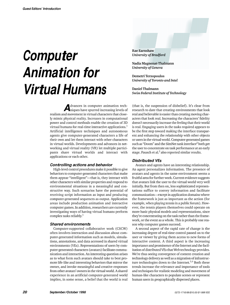 Computer Animation for Virtual Humans | IEEE Journals & Magazine | IEEE ...