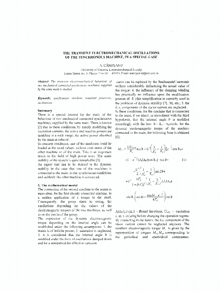 The Transient Electromechanical Oscillations Of The Synchronous Machine ...
