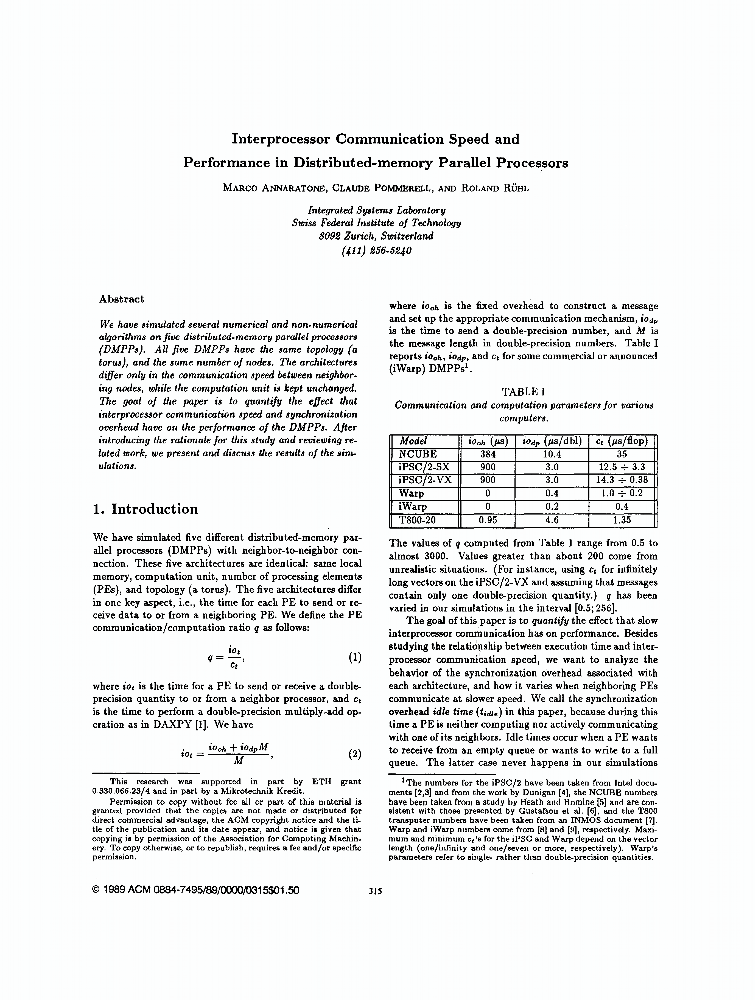 Interprocessor Communication Speed And Performance In Distributed Memory Parallel Processors