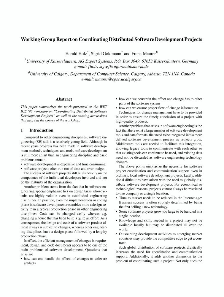 Working Group Report On Coordinating Distributed Software Development ...