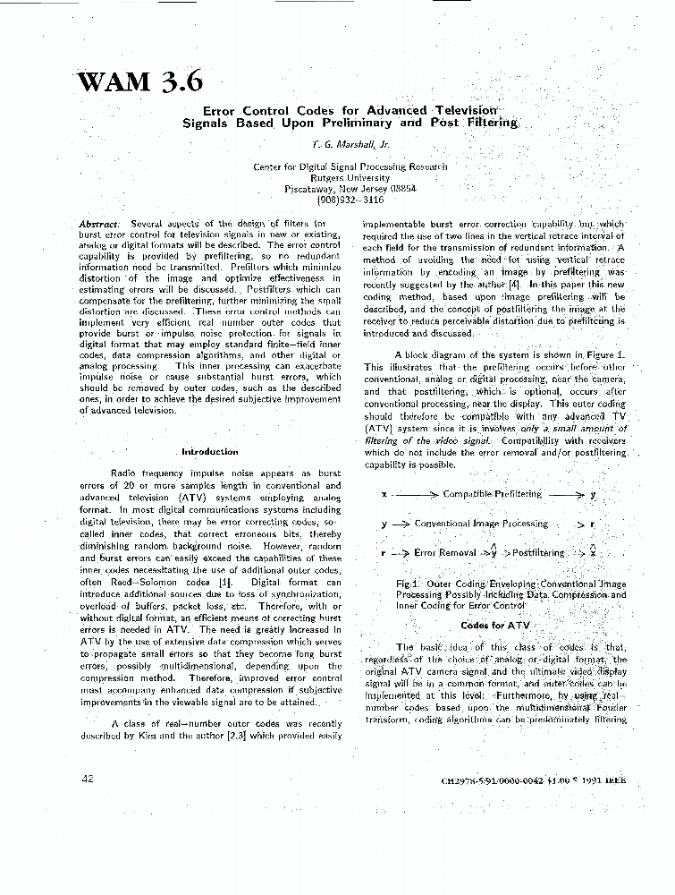 Error Control Codes For Advanced Television Signals Based Upon Preliminary And Post Filtering ...