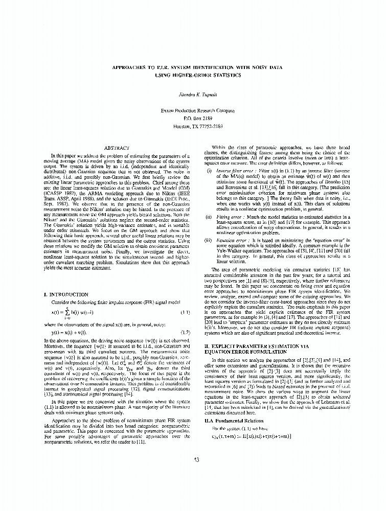 Approaches To Fir System Identification With Noisy Data Using Higher Order Statistics Ieee