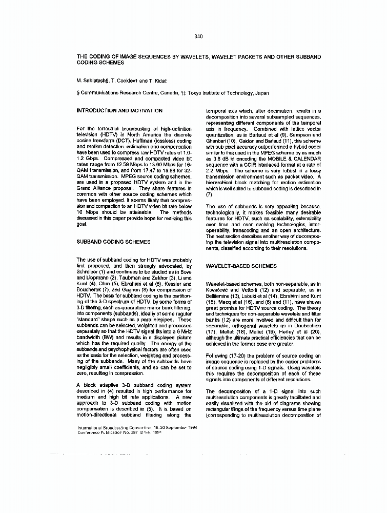 The Coding Of Image Sequences By Wavelets Wavelet Packets And Other Suband Coding Schemes Iet