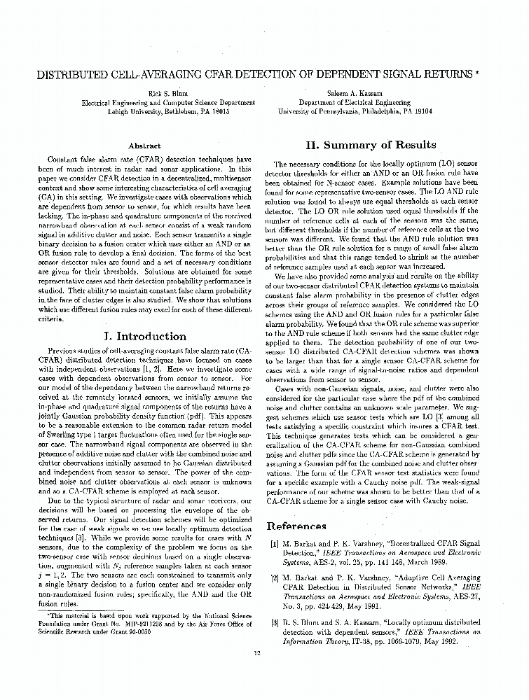 Distributed Cell Averaging Cfar Detection Of Signal Returns Ieee