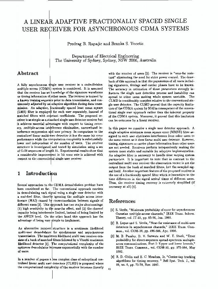 A Linea Adaptive Fractionally Spaced Single User Receiver For Asynchronous Cdma Systems Ieee