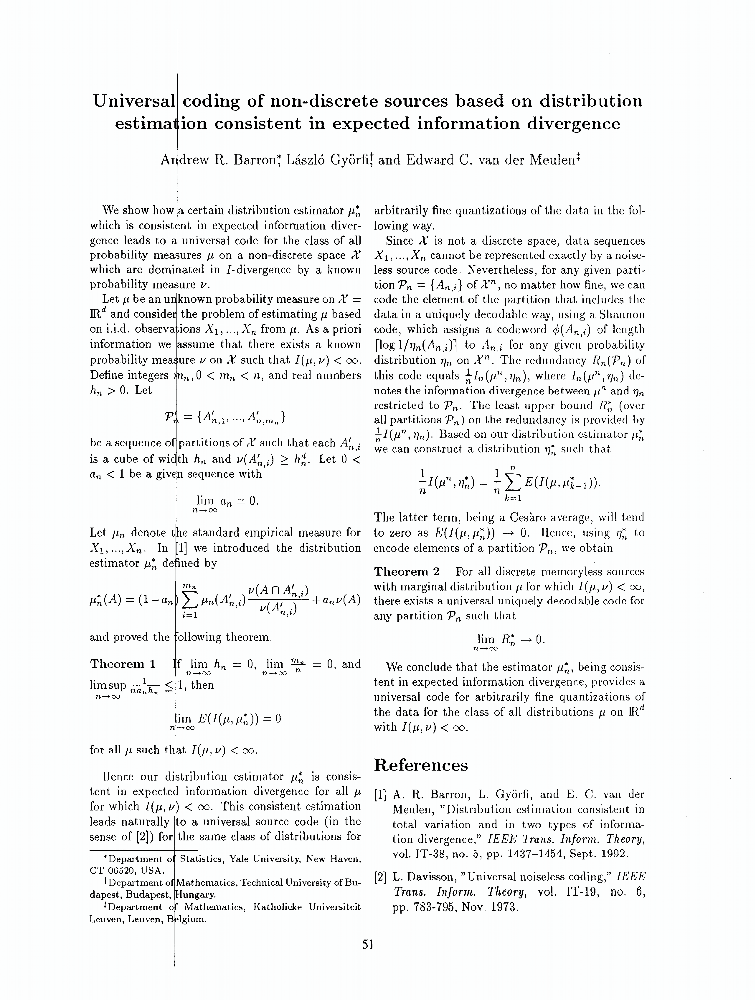 Universal Coding of Non-Discrete Sources Based on Distribution ...