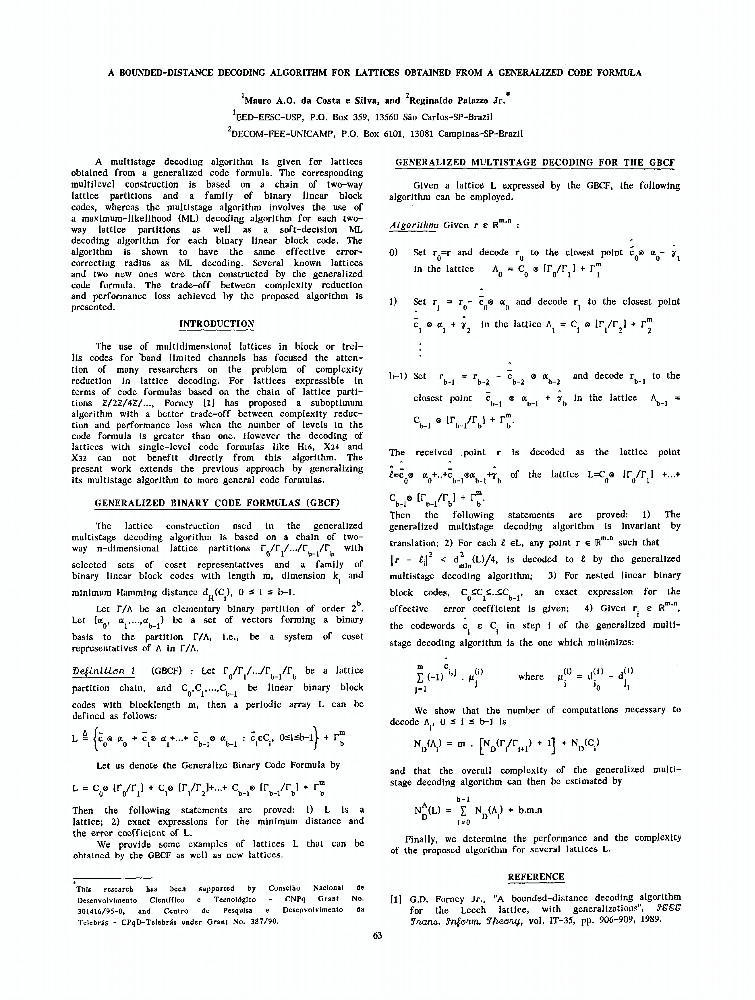 A Bounded-Distance Decoding Algorithm for Lattices Obtained from a Generalized Code Formula ...