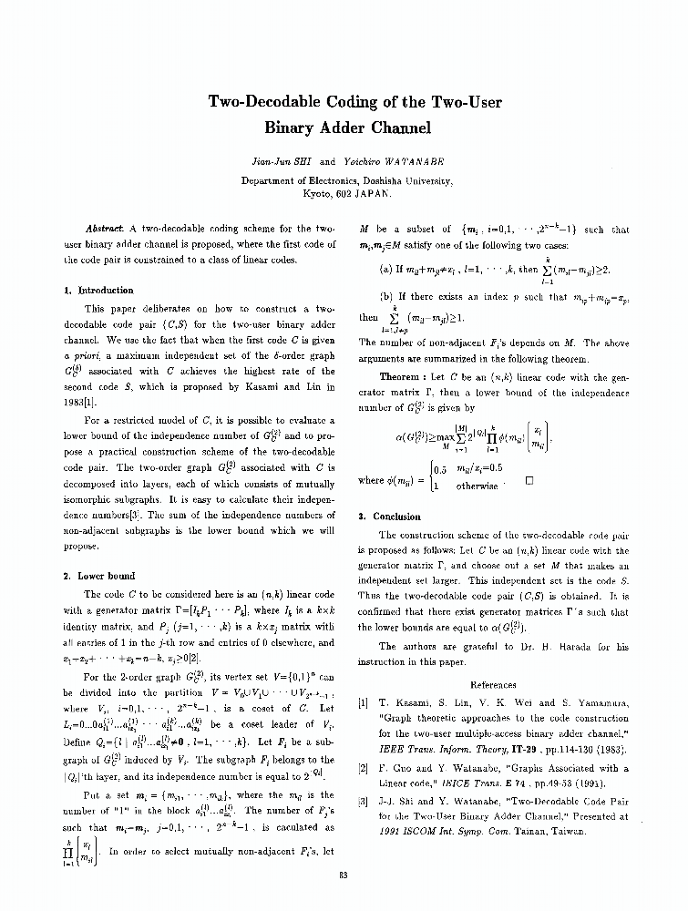 Two-Decodable Coding of the Two-User Binary Adder Channel | IEEE Conference Publication | IEEE ...