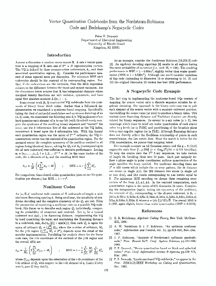 Vector Quantization Codebooks from the Nordstrom-Robinson Code and Berlekamp's Negacyclic Codes ...