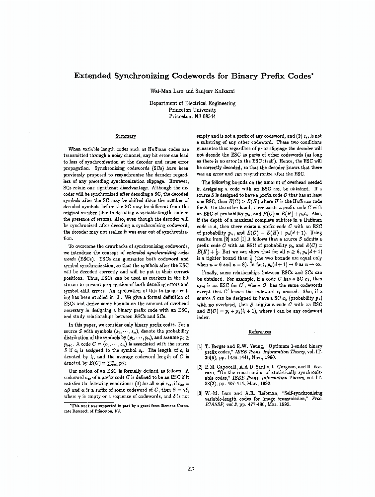 Extended Synchronizing Codewords for Binary Prefix Codes | IEEE Conference Publication | IEEE Xplore