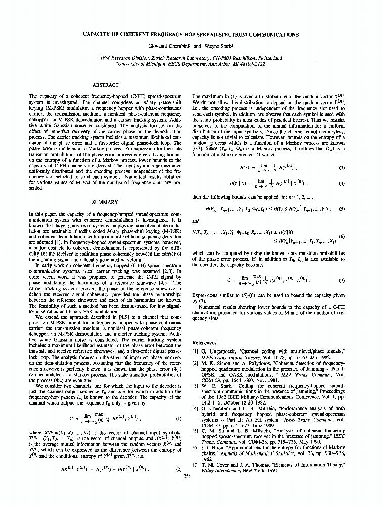 Capacity of Coherent Frequency-Hop Spread-Spectrum Communications ...