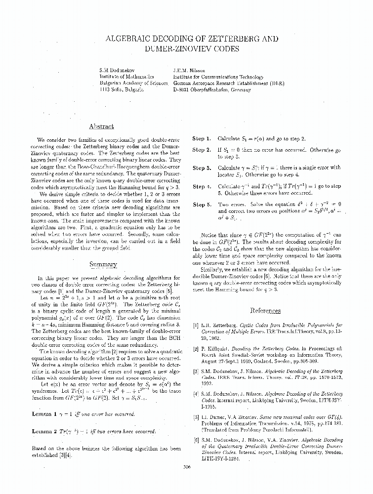 Algebraic Decoding of Zetterberg and Dumer-Zinoviev Codes | IEEE Conference Publication | IEEE ...