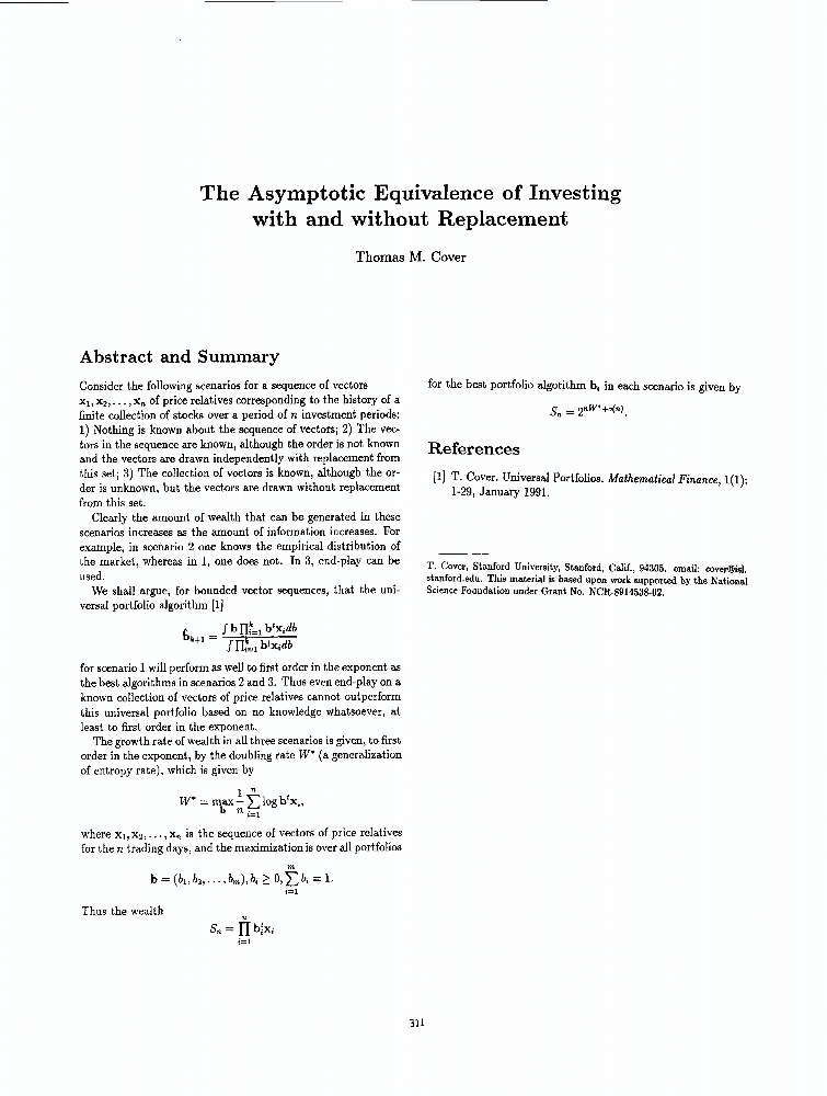 The Asymptotic Equivalence of Investing with and without Replacement ...