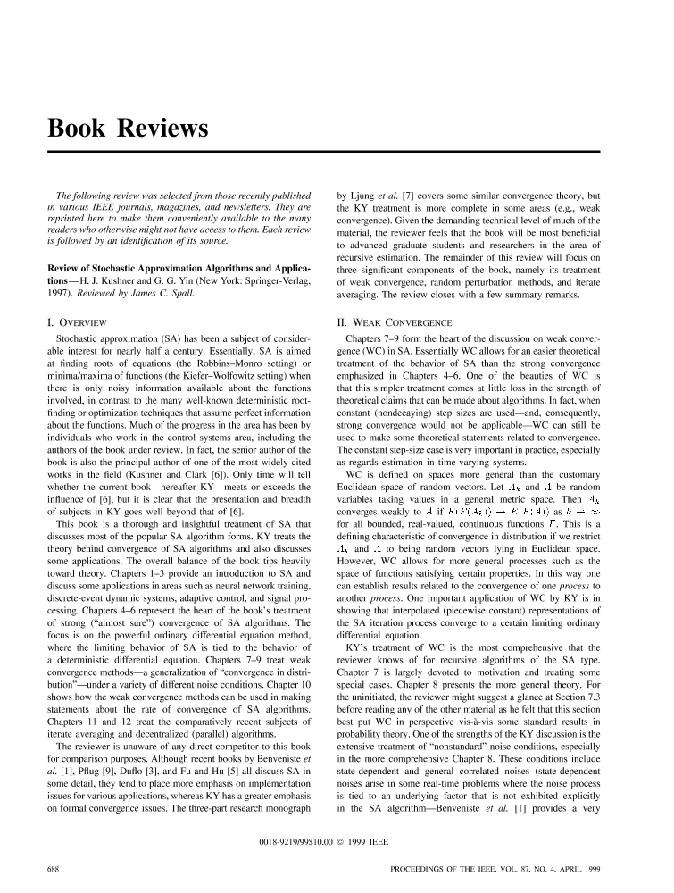 Review Of Stochastic Approximation Algorithms And Applications Book Reviews Ieee Journals